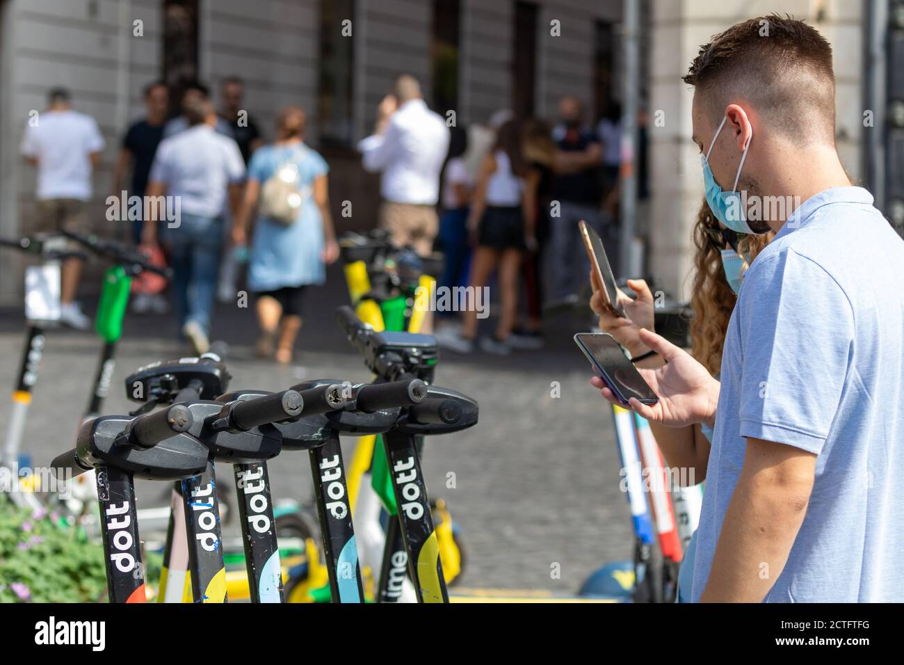 Rome, Italy - September 20, 2020: Electric scooter rental with the use ...