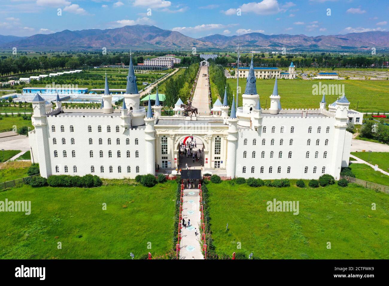 Aerial view of a European style castle by Lake Dai in Ulanqab city ...