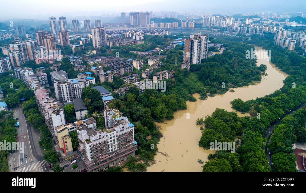 Aerial view of the residential buildings submerged by flood along the ...
