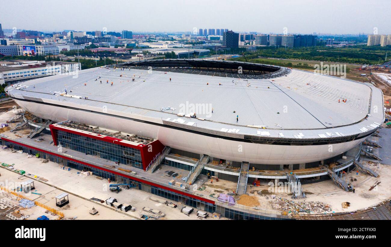 An aerial view of the Pudong Football Stadium under construction ...