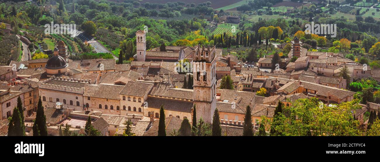The famous city of Assisi medieval historic center seen from above ...