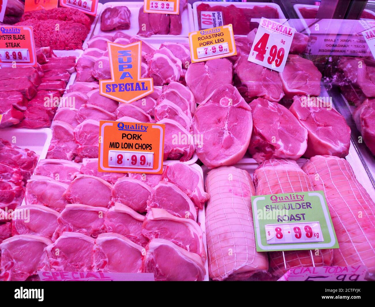 VARIOUS TYPES OF MEAT ON DISPLAY INSIDE OF THE QUEEN VICTORIA MARKET ...