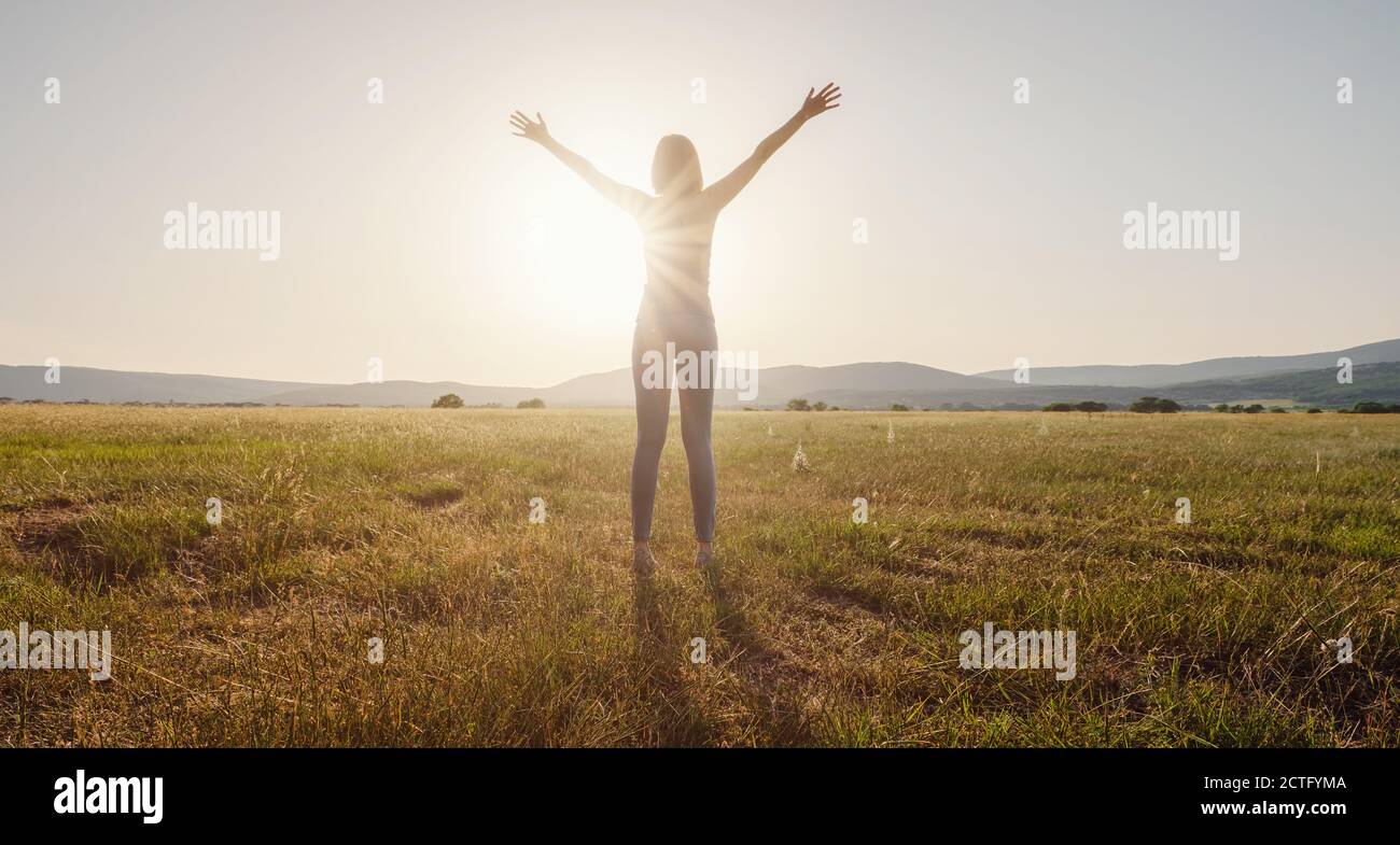 Victory. Feeling positive and full of joy. Success and life goals ...