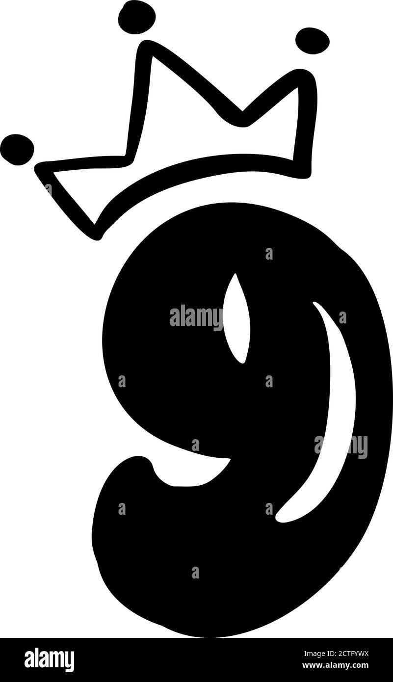 Vector Vintage Plump Cute number 9 with crown. Princess element nine ...