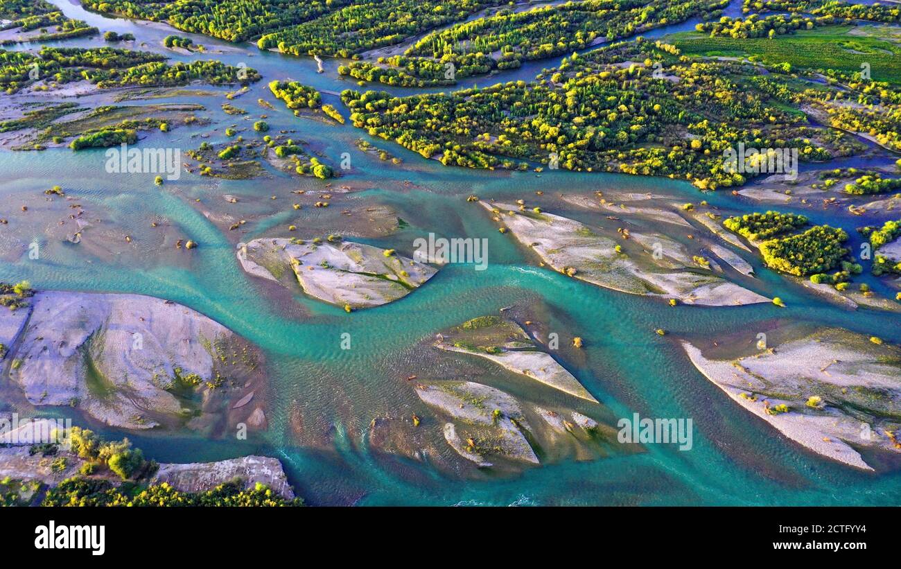 Aerial view of Kaidu River in Xinjiang Uyghur autonomous region,26 ...