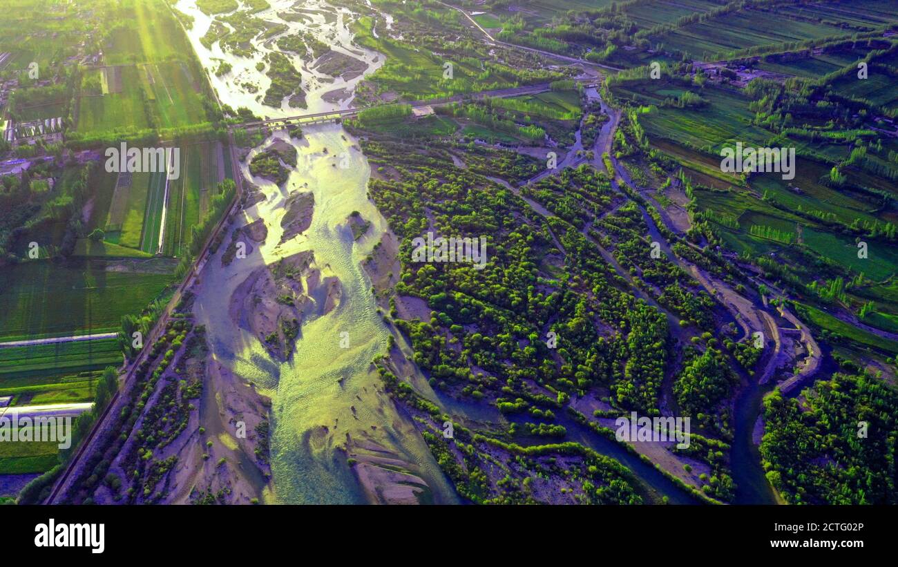 Aerial view of Kaidu River in Xinjiang Uyghur autonomous region,26 ...