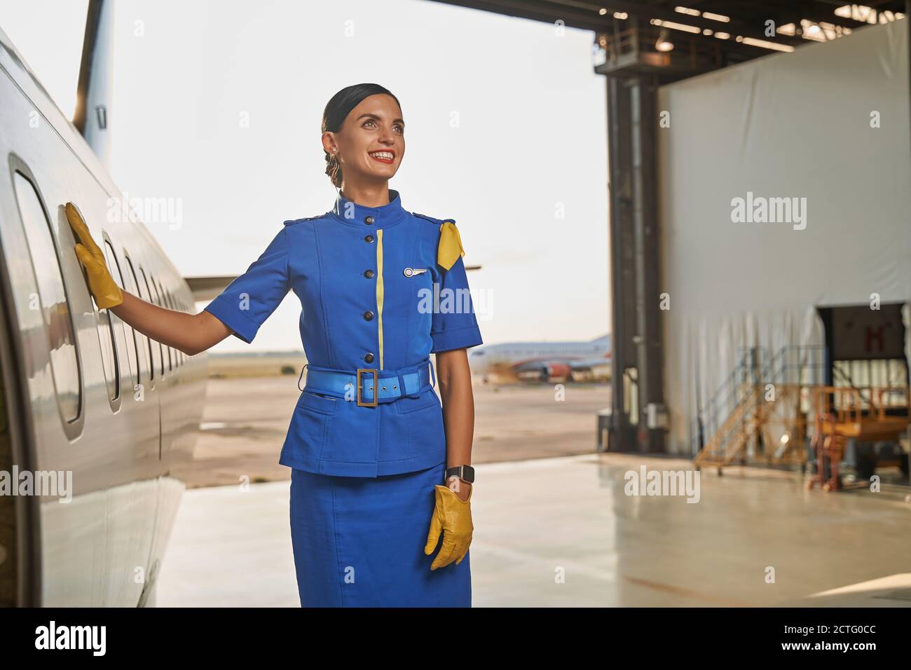 Happy stewardess feeling ready for the journey and smiling Stock Photo ...