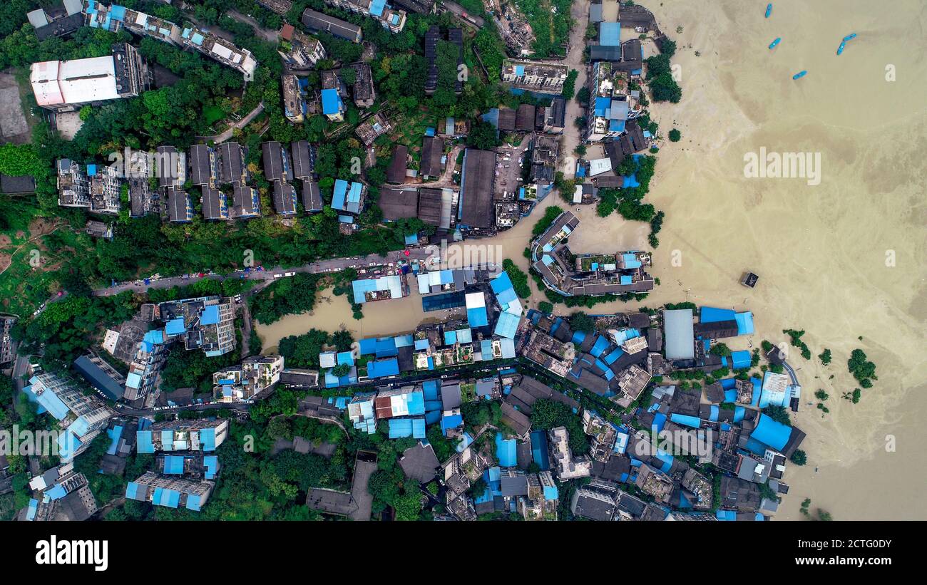Aerial photo taken on Aug. 19, 2020 shows the flooded area in Beibei ...