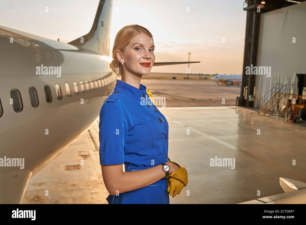 Friendly mirthful airline hostess waiting for the working day Stock ...