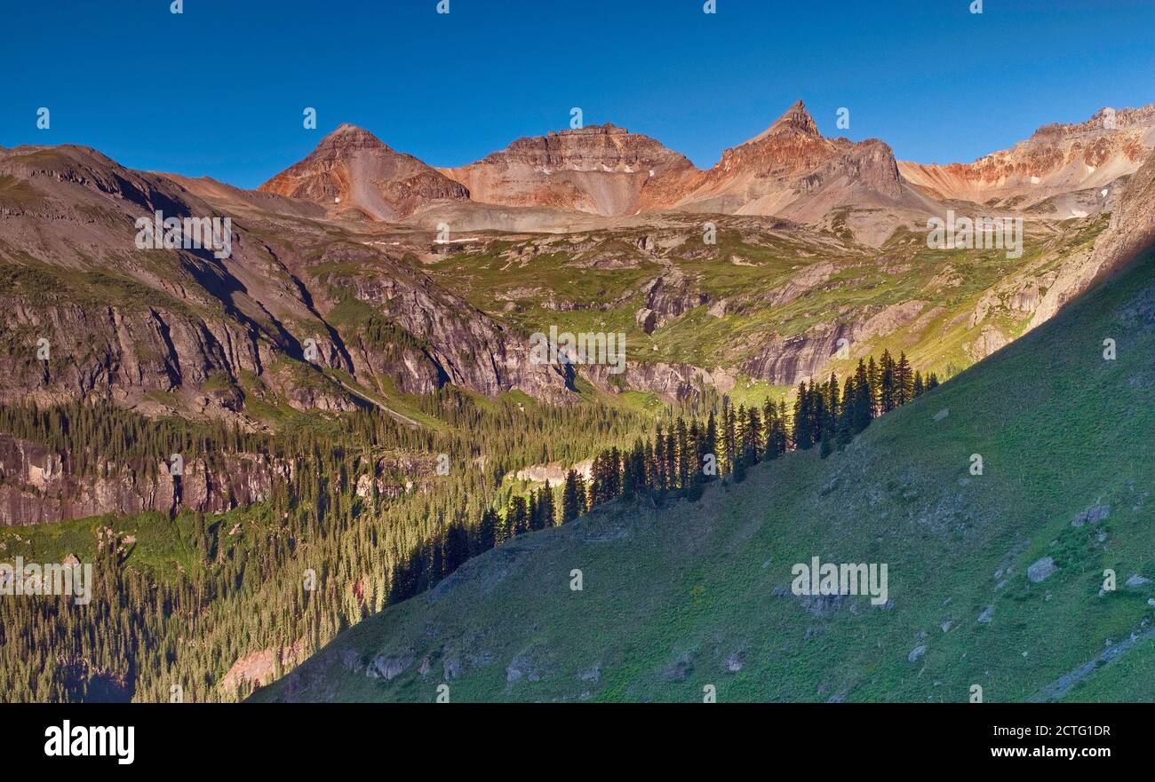 Fuller Peak, Vermilion Peak and Golden Horn, view from road to Clear Lake, San Juan Mountains ...