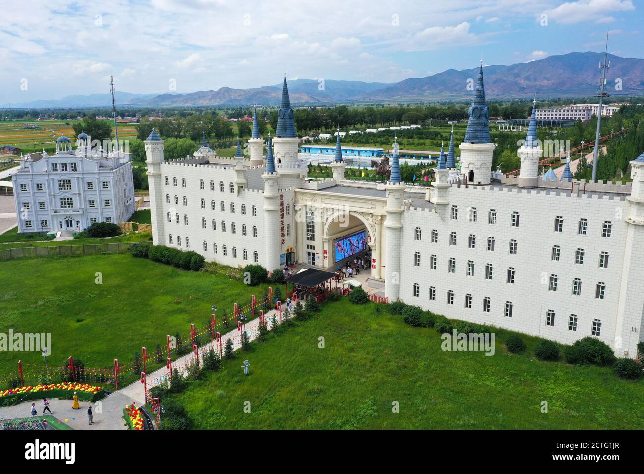 Aerial view of a European style castle by Lake Dai in Ulanqab city ...