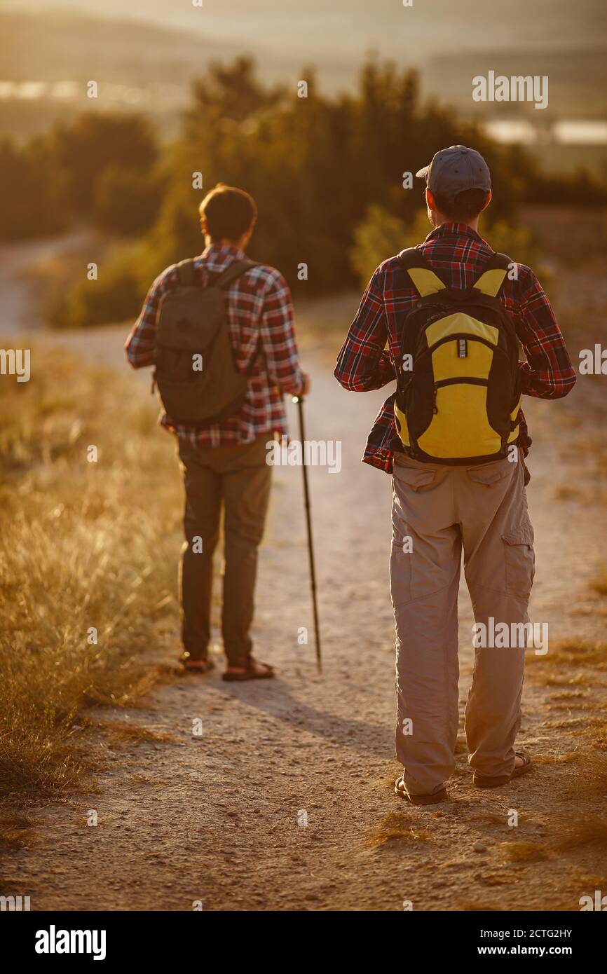 two men hikers enjoy a walk in nature, sunset time in summer. enjoying ...