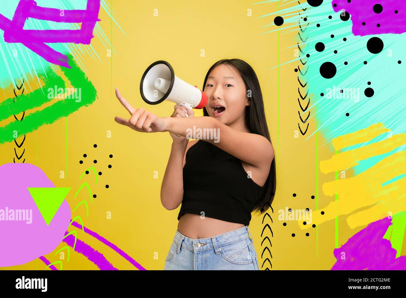 Shouting with megaphone for sales starting. Asian woman's portrait ...