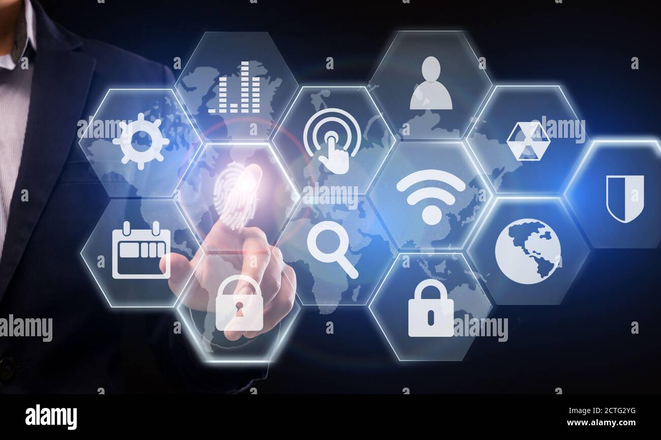 Business Data Management. Businessman Choosing Fingerprint Icon On ...