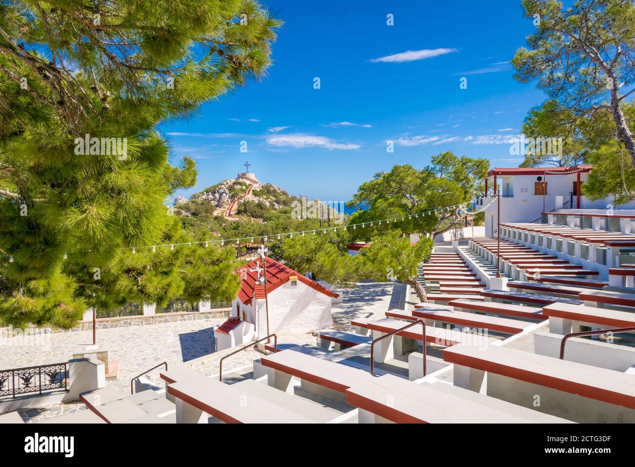 Small Red church of Panagia Lamiotissa with large sitting area for ...