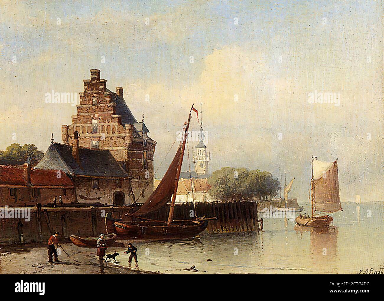 Rust Johan Adolph - Fisherfolk on a Riverbank by a Town - Dutch School ...