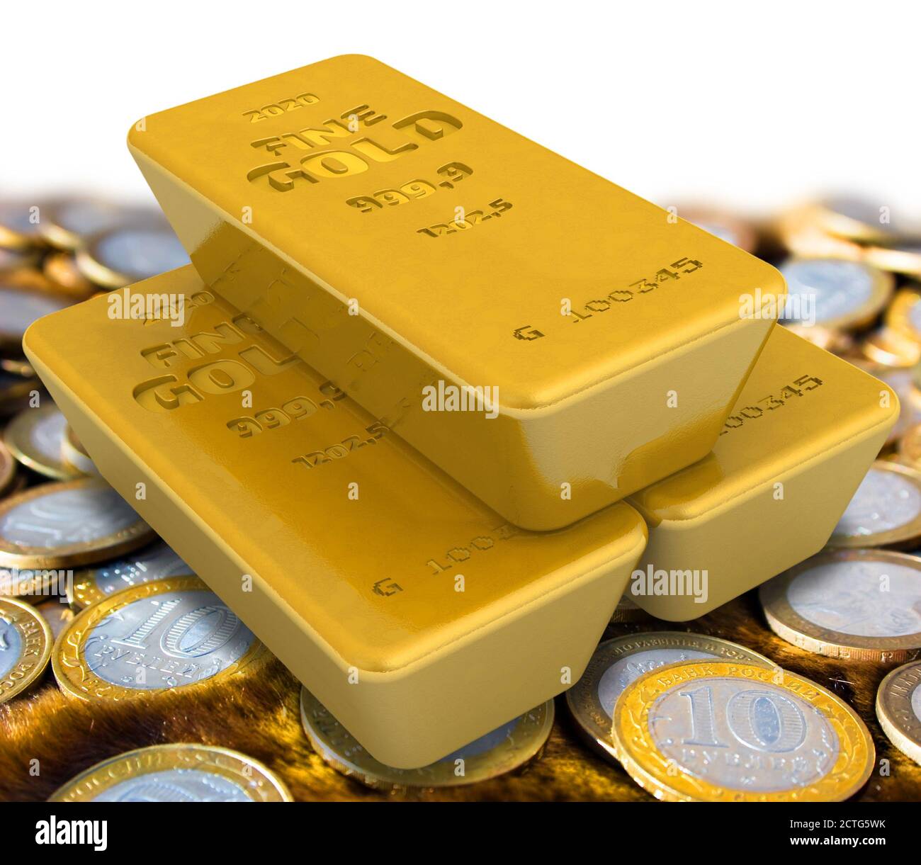 The highest standard gold bars lie on the coins. Three ingots of 999.9 ...