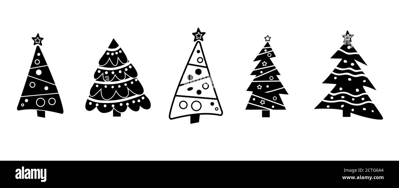 Set Different abstract Christmas tree. Black and white. Collection ...