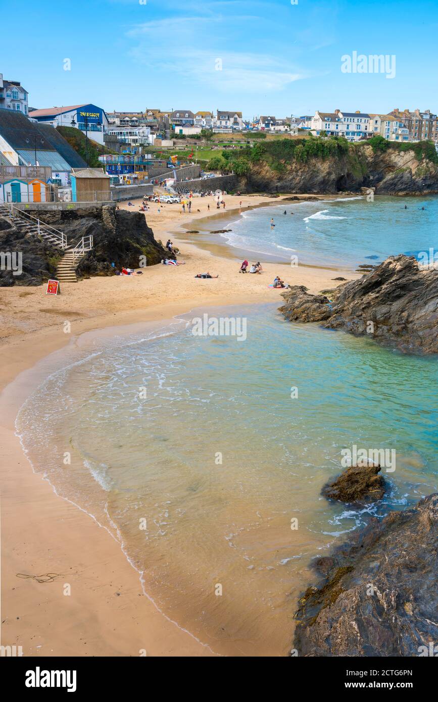 Cornwall England beach, view of people relaxing among the coves on ...