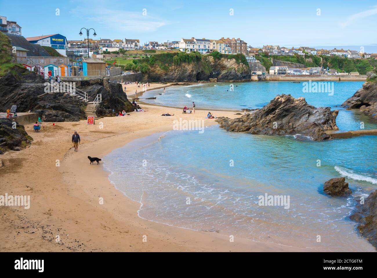 Cornwall traditional cove, view of people relaxing among the coves on ...
