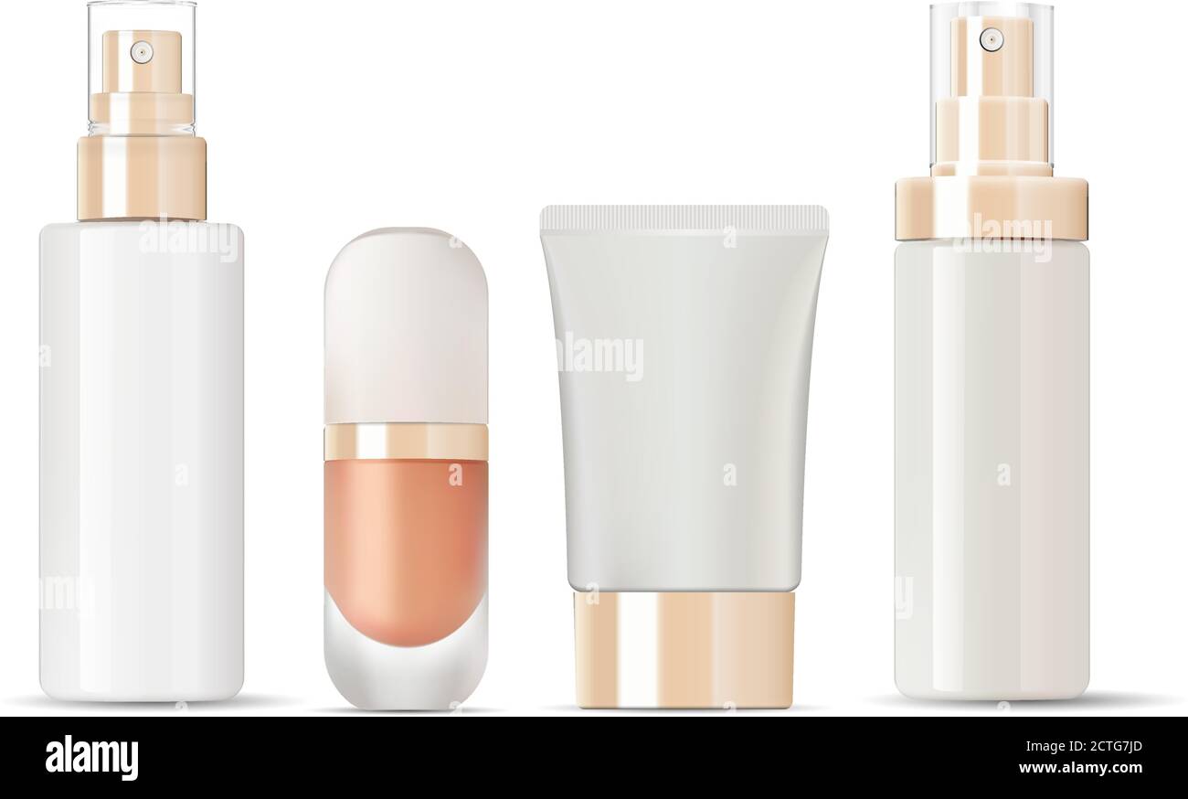 Glossy glass bottles with gold lids mockup set. Vector illustration ...