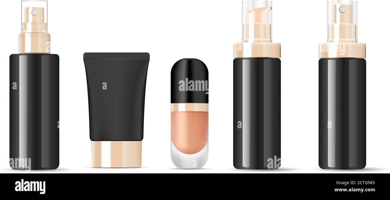 Black Glossy glass bottles with gold lids mockup set. Vector ...