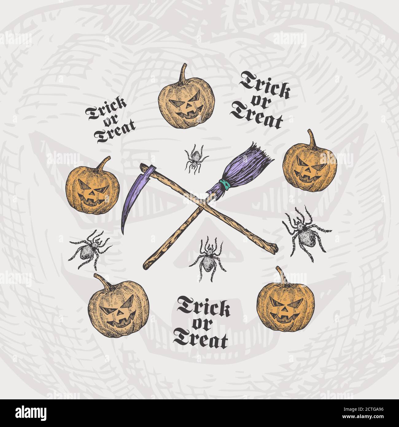 Trick or Treat Halloween Vector Background or Card Template. Hand Drawn ...