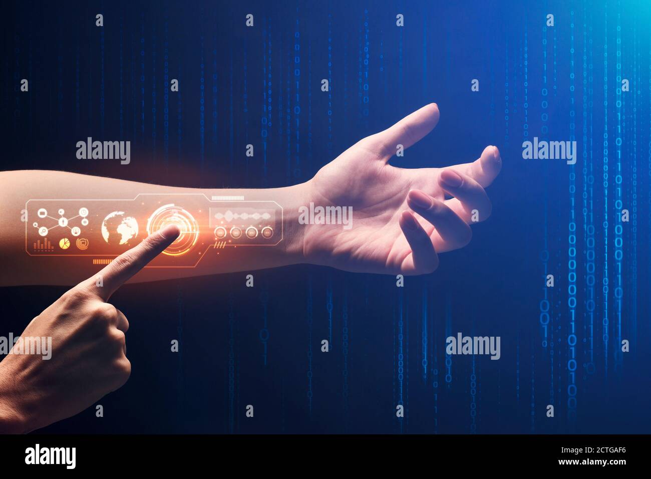 Man Pushing Buttons On His Hand Over Blue Background, Closeup Stock ...