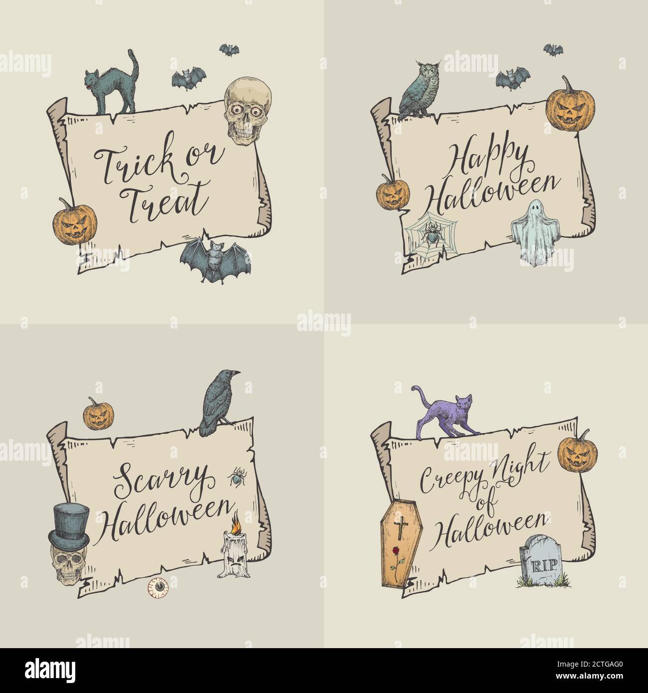 Happy Halloween Trick or Treat Vector Banner Templates Set. Hand Drawn ... Happy Halloween Trick or Treat Vector Banner Templates Set. Hand Drawn ...
