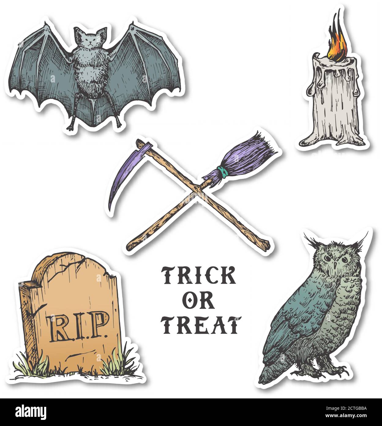 Vintage Style Halloween Stickers Set. Hand Drawn Owl, Bat, Candle ...