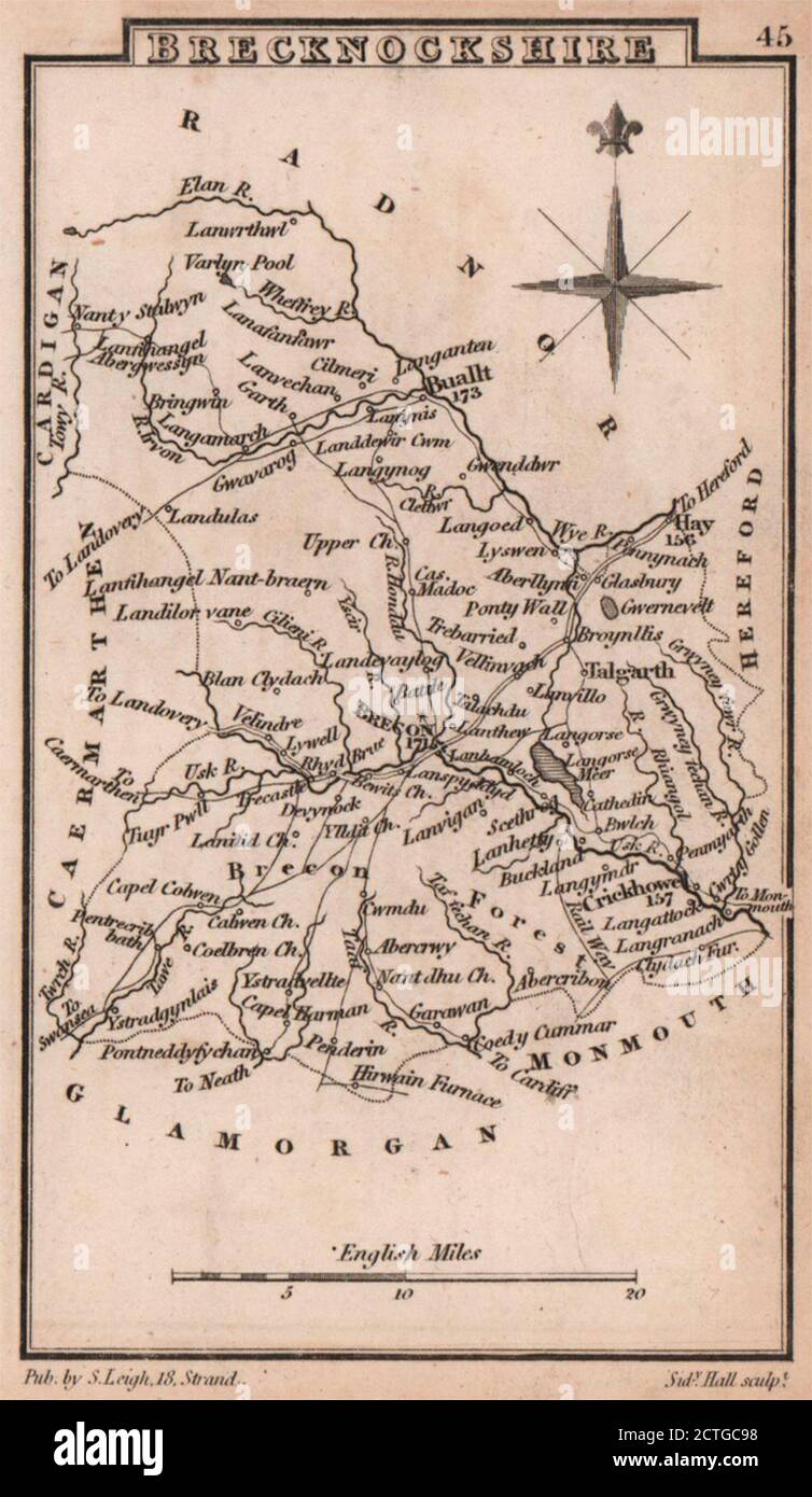 Brecknockshire Breconshire county map by Samuel Leigh / Sidney Hall ...