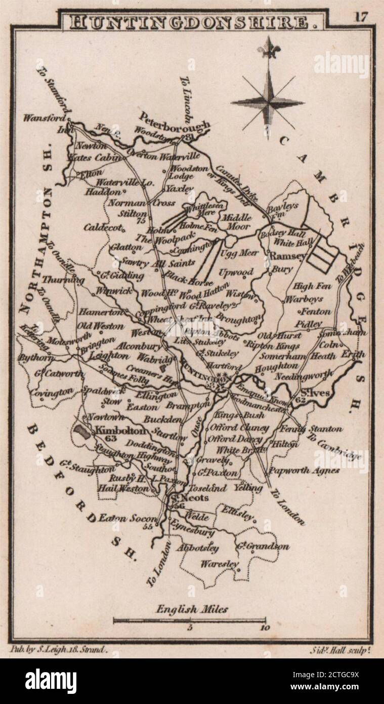 Huntingdonshire miniature county map by Samuel Leigh / Sidney Hall ...