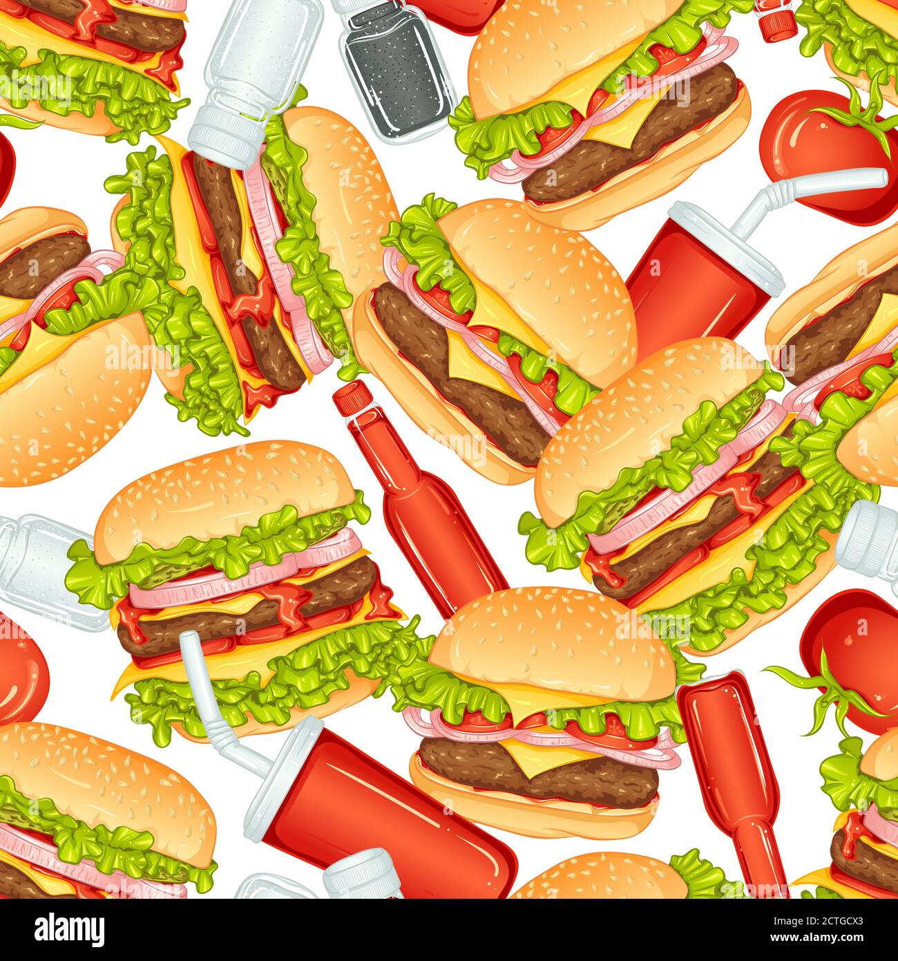 Seamless vector pattern with burger, cola and sauce. Fast food pattern. American cuisine. Food ...