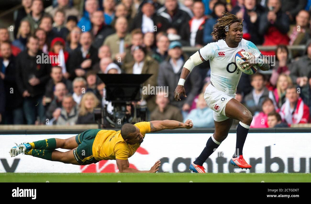 MARLAND YARDE BRUSHES OFF THE TACKLE OF WILL GENIA ENGLAND v AUSTRALIA ...