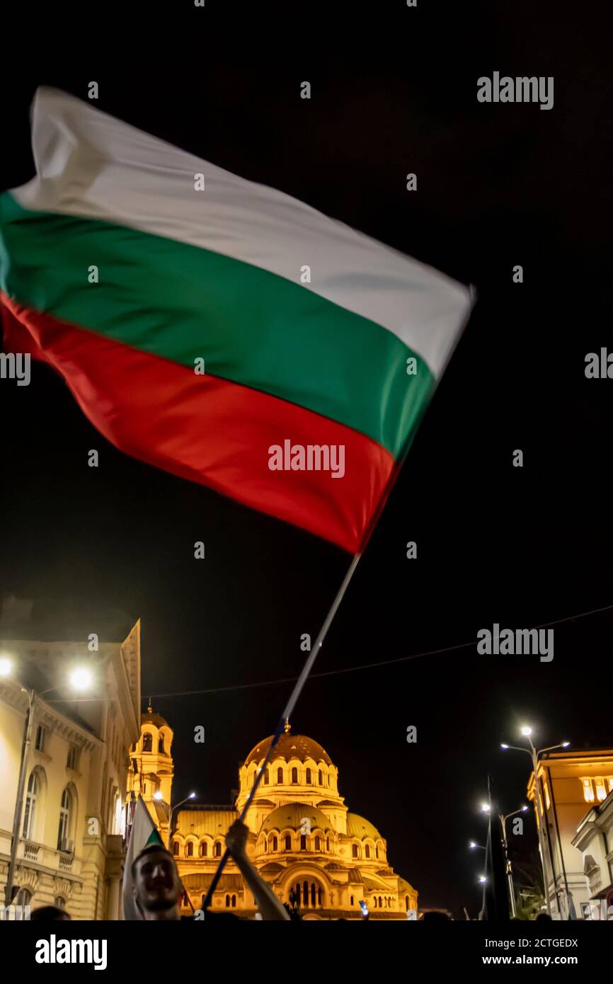 Sofia, Bulgaria - 22 September 2020 : Demonstrators waving the ...