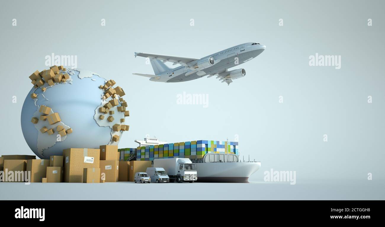 3D rendering of the Earth surrounded by cardboard boxes, a cargo ...