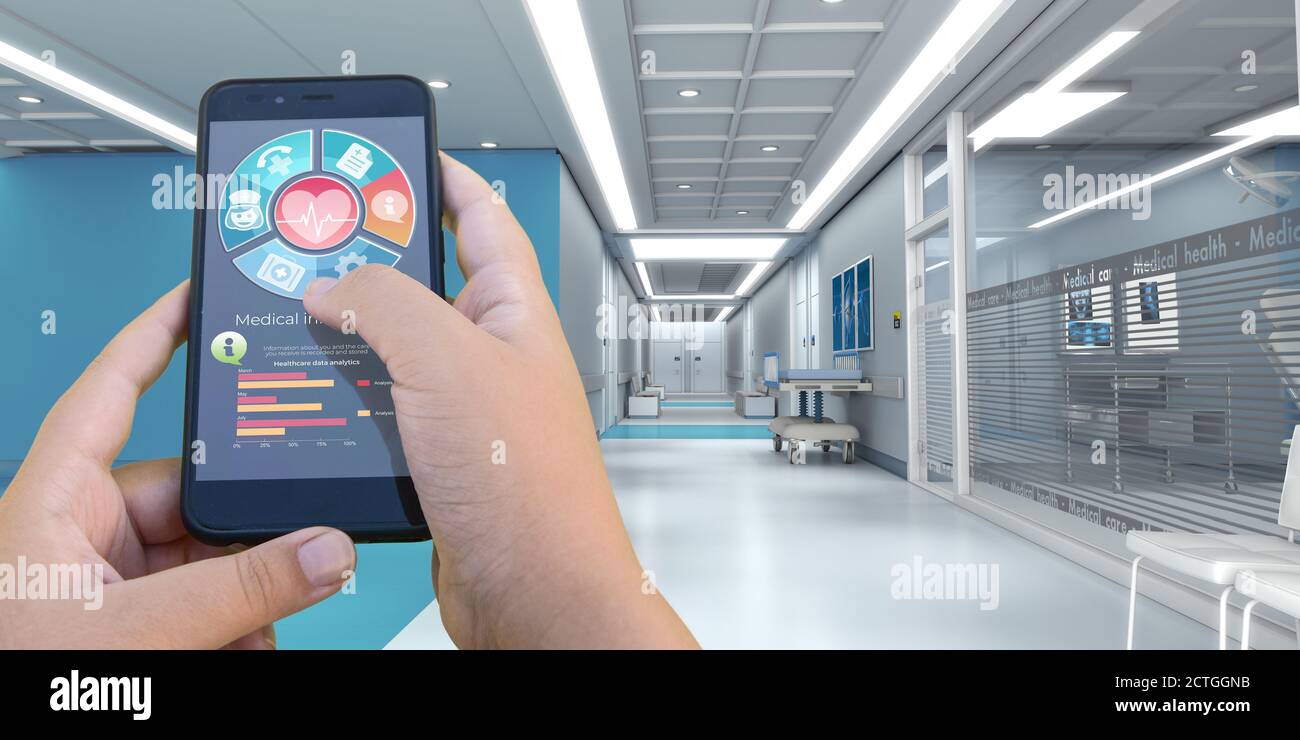 3D rendering of a healthcare app and a hospital interior Stock Photo ...