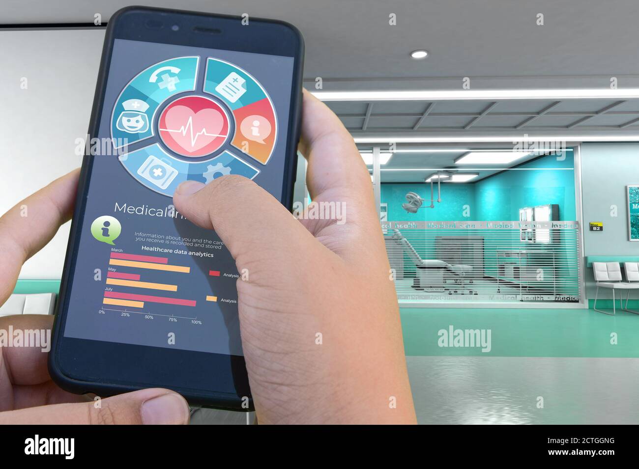 3D rendering of a healthcare app and a hospital interior Stock Photo ...