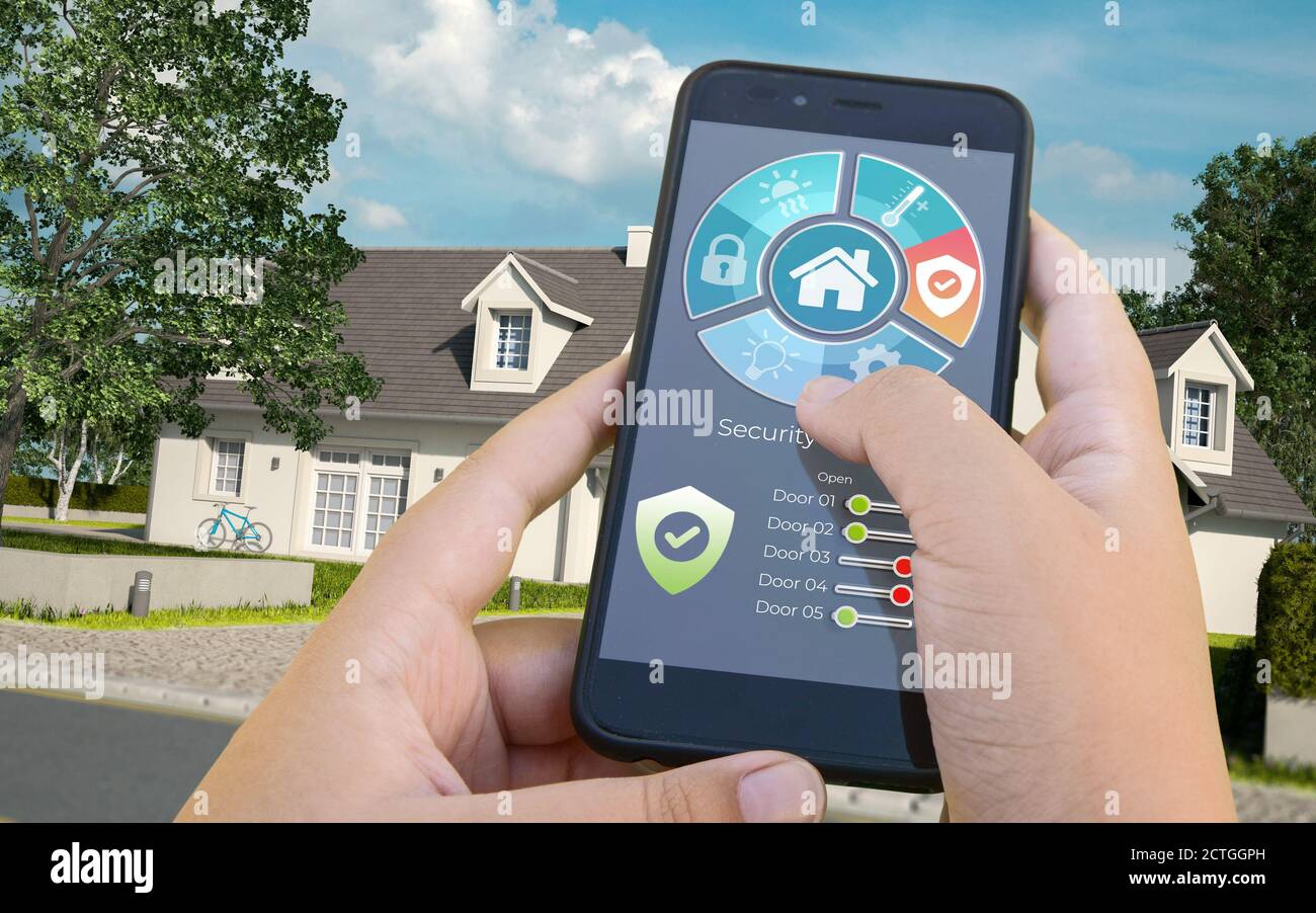 3D rendering of a classical house controlled by an automation home app ...