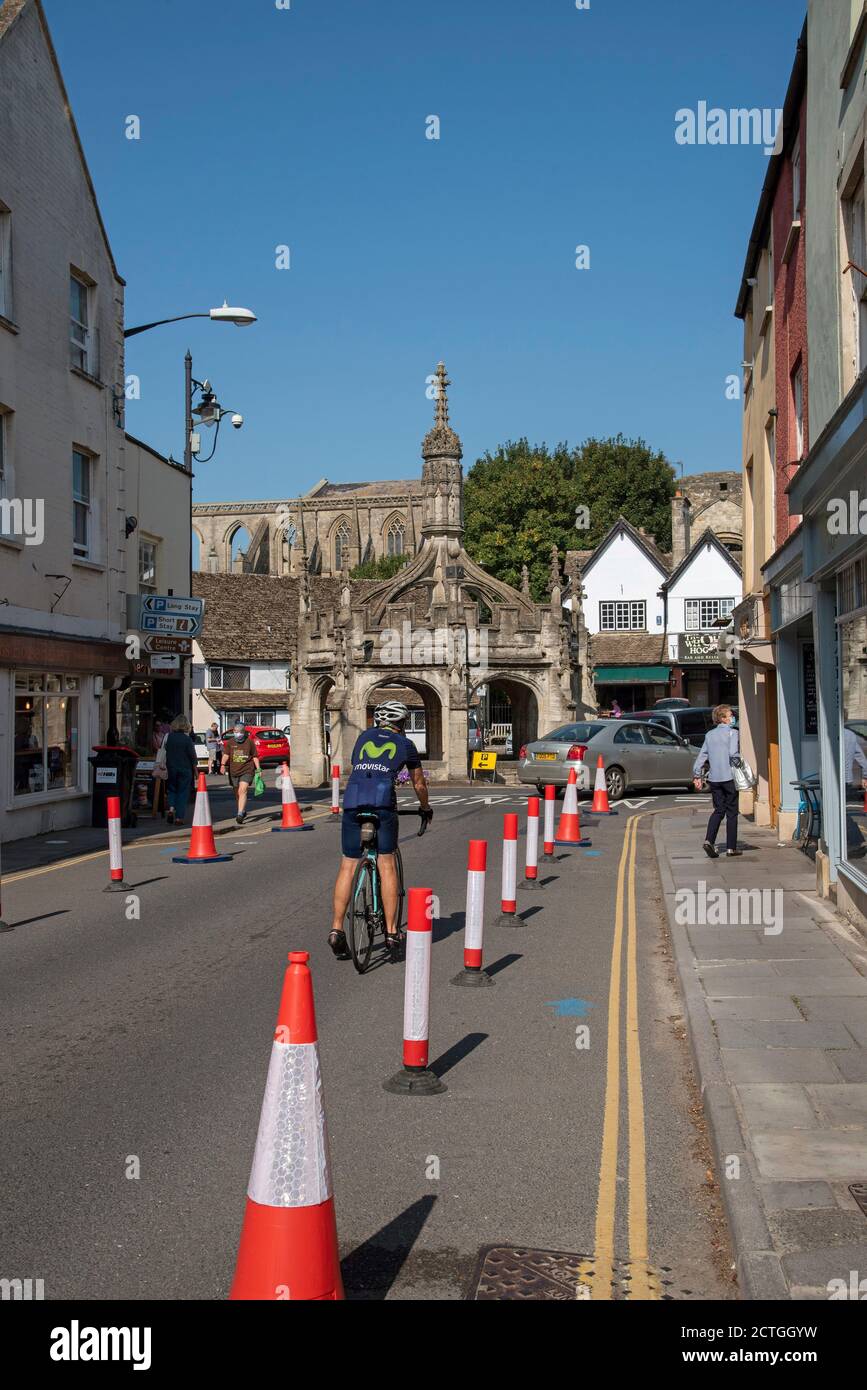 Malmesbury, Wiltshire, England, UK. 2020, Social distancing traffic ...