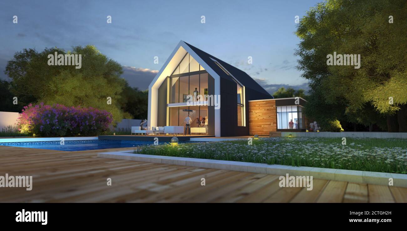 3D rendering of a bright modern pitched roof villa with pool Stock ...