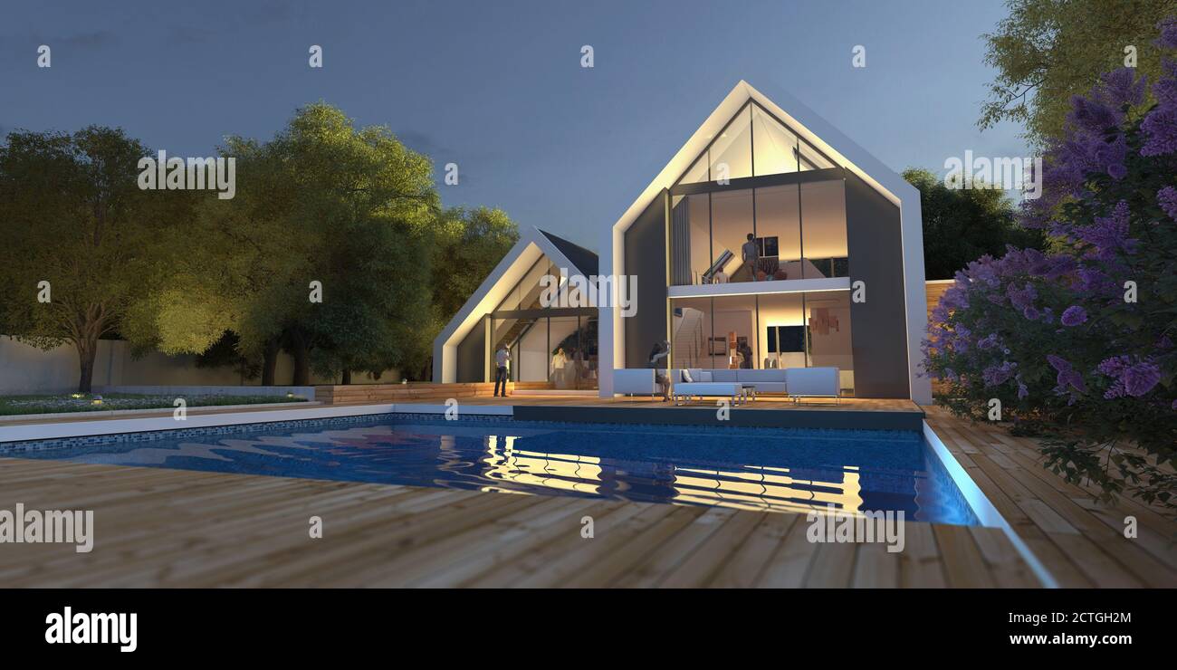 3D rendering of a bright modern pitched roof villa with pool Stock ...