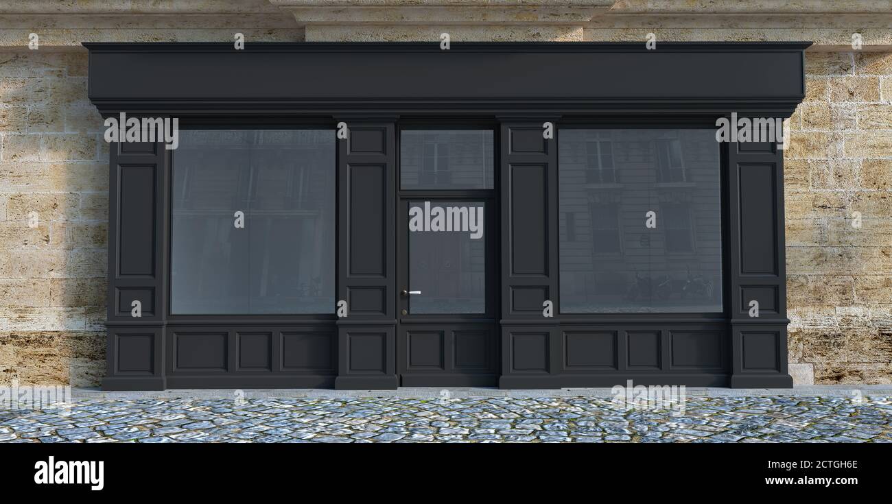 3D rendering of a traditional storefront façade with dark gray wood ...