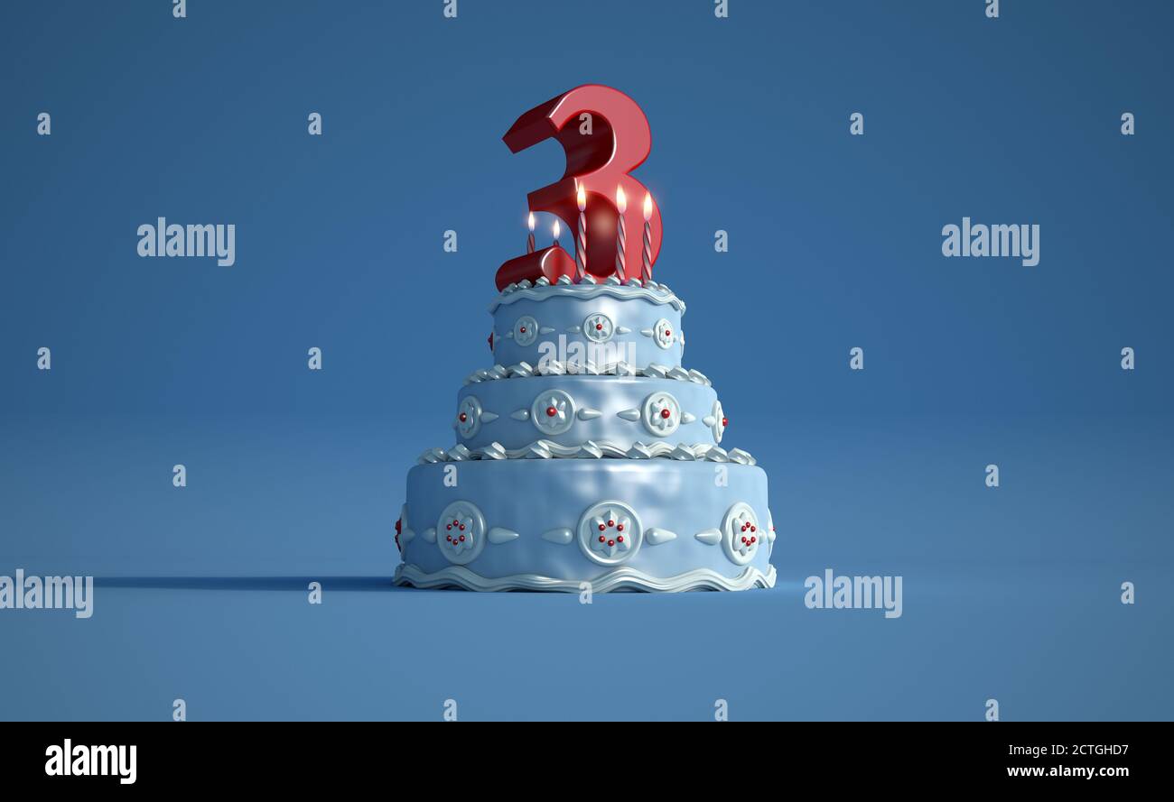 3D rendering of a big blue birthday cake with a big number three on top ...