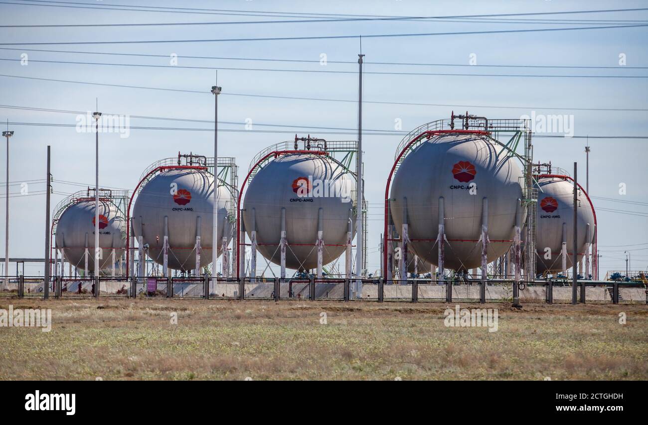 Aktobe region, Kazakhstan: Sphere gas storage tanks for liquefying ...