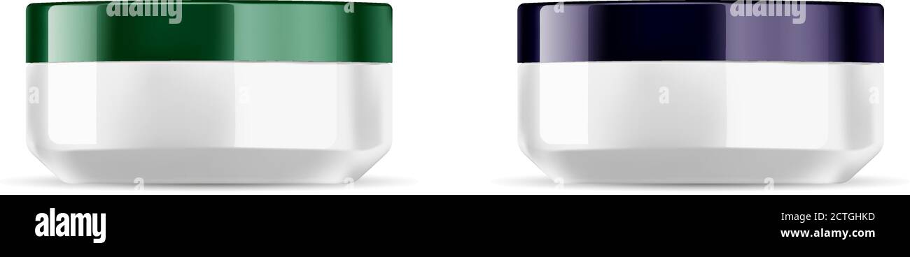 Round cosmetic jars set with glossy green and dark violet lids. White ...