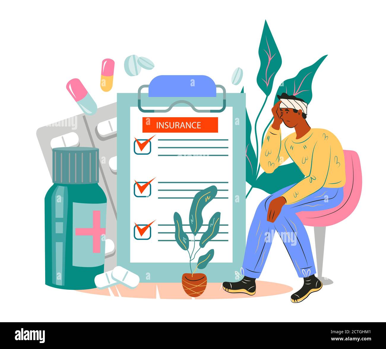 Healthcare medicine insurance banner with unhealthy person vector ...