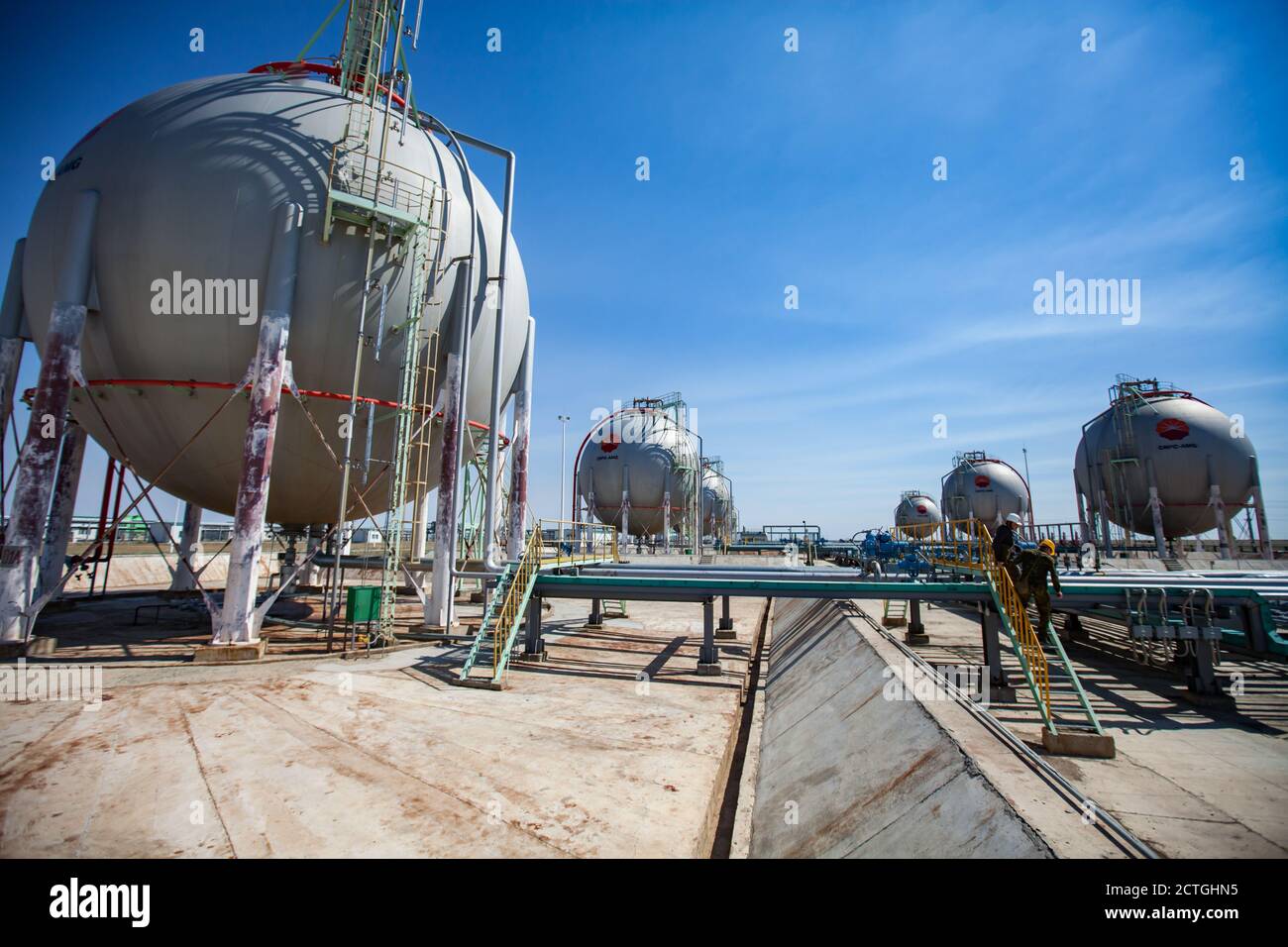 Aktobe region, Kazakhstan: Sphere gas storage tanks for liquefying ...