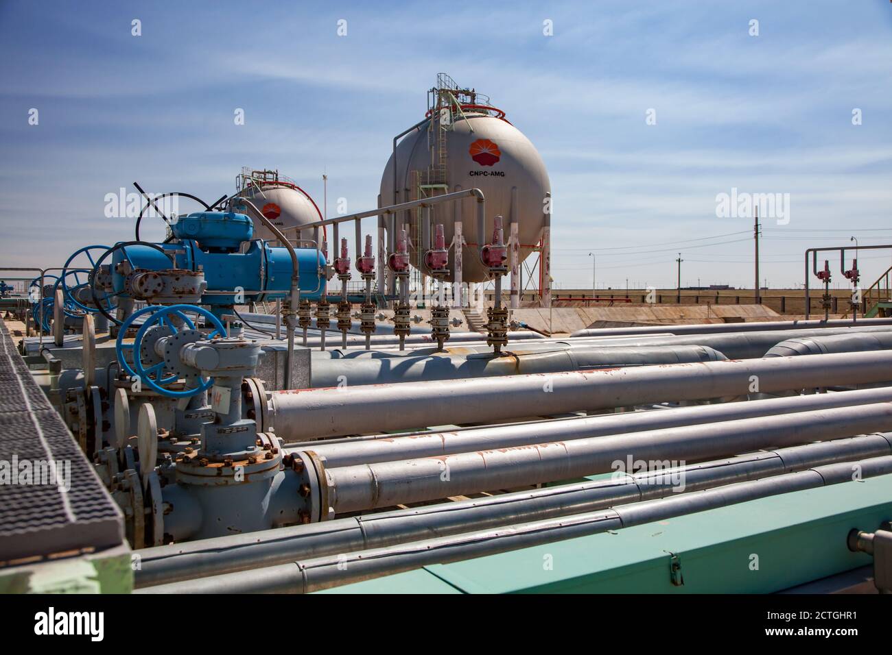 Aktobe region, Kazakhstan: Sphere gas storage tanks for liquefied ...