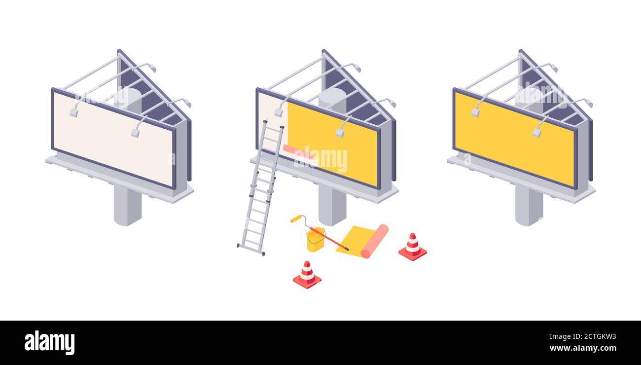 Billboard installation isometric vector with various stages of sticking ...